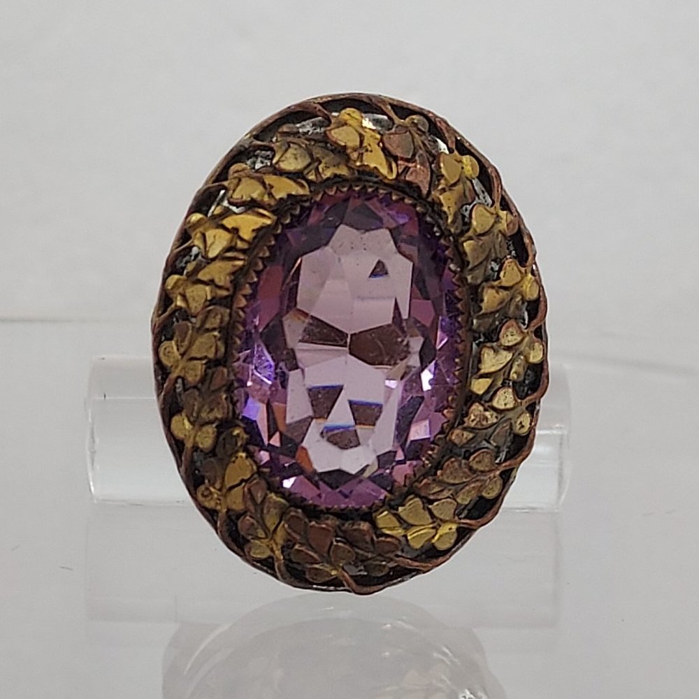 Victorian Brass Deep Purple Colored Rhinestone Ring - Gem